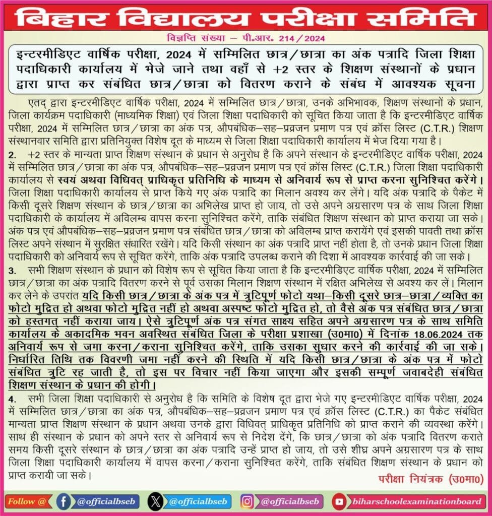 Bihar Board 12th Original Marksheet 2024: बिहार बोर्ड कक्षा 12वीं 12th ...